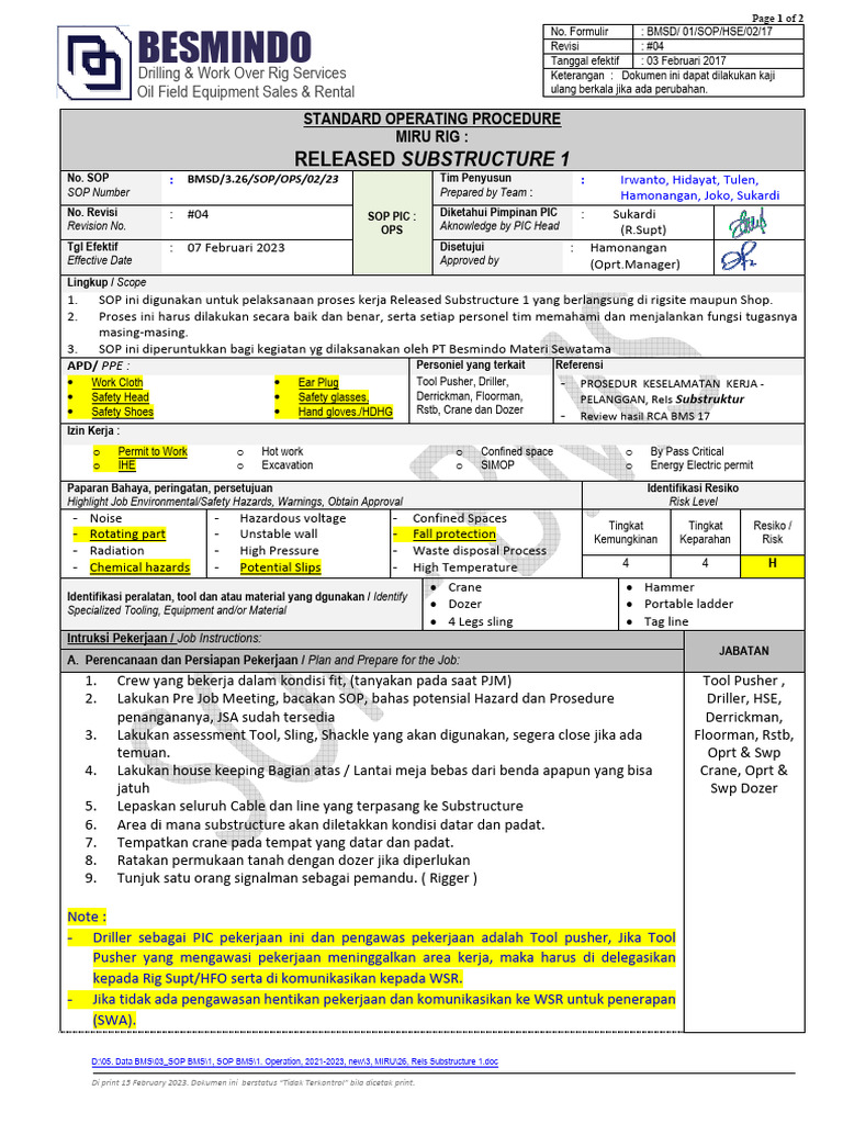 SOP Pengangkatan Substruktur 1 di Rig | PDF
