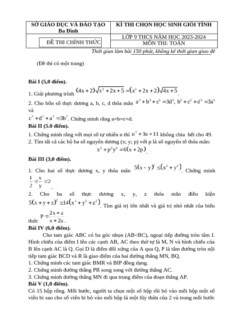 168 - HSG Toán 9 - Ba Đình - 23-24 | PDF
