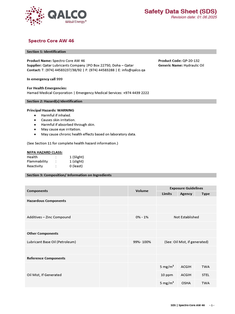 Safety Data Sheet for Spectro Core AW 46 | PDF | Firefighting | Breathing