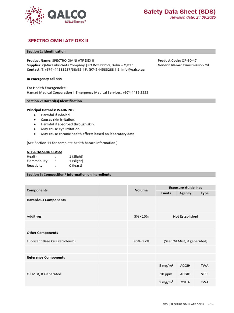 SPECTRO OMNI ATF DEX II SDS Guide | PDF | Firefighting | Breathing