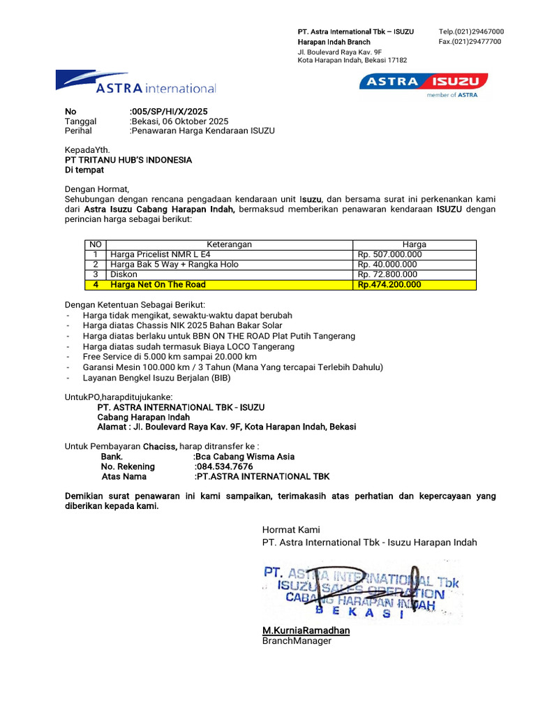 Penawaran PT Tritanu Hubs Indonesia NMR L 061025 | PDF