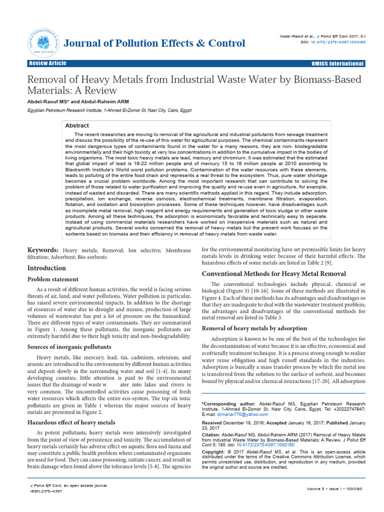 Removal of Heavy Metals From Industrial Waste Water by Biomass-Based ...