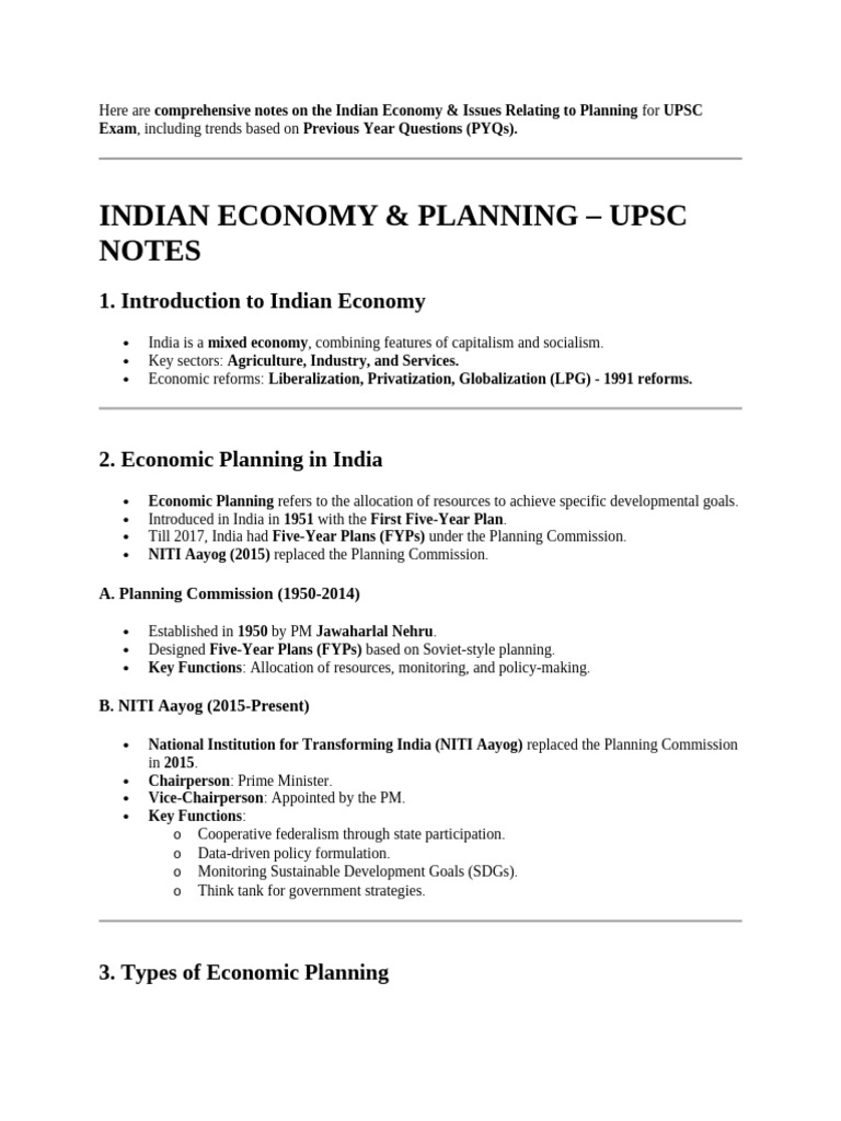 Indian Economy & Planning Notes for UPSC | PDF | Economy Of India ...
