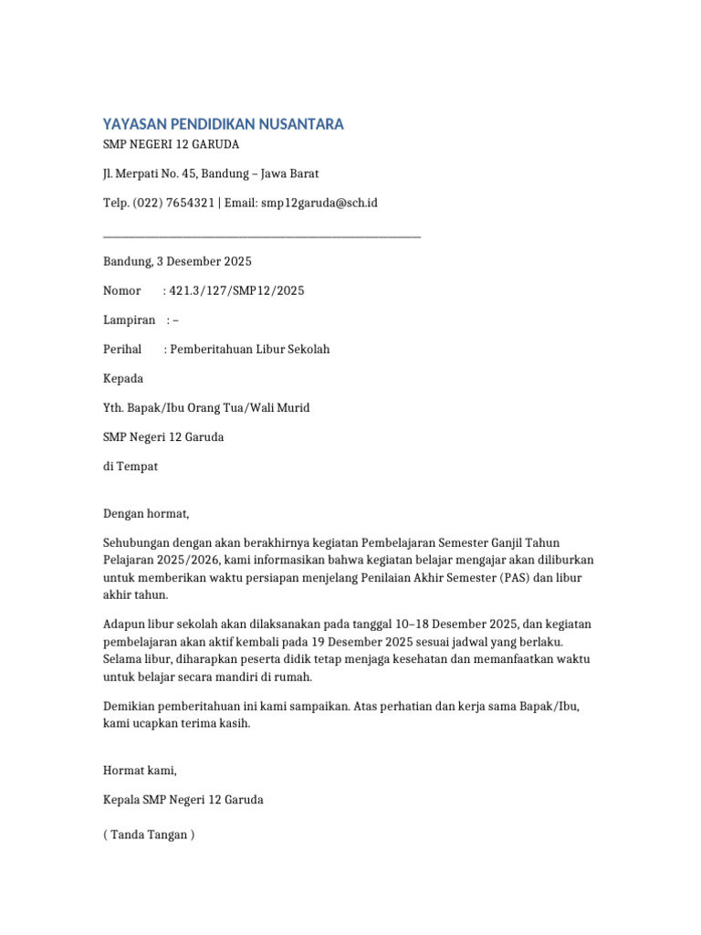 Surat Pemberitahuan Libur Sekolah | PDF