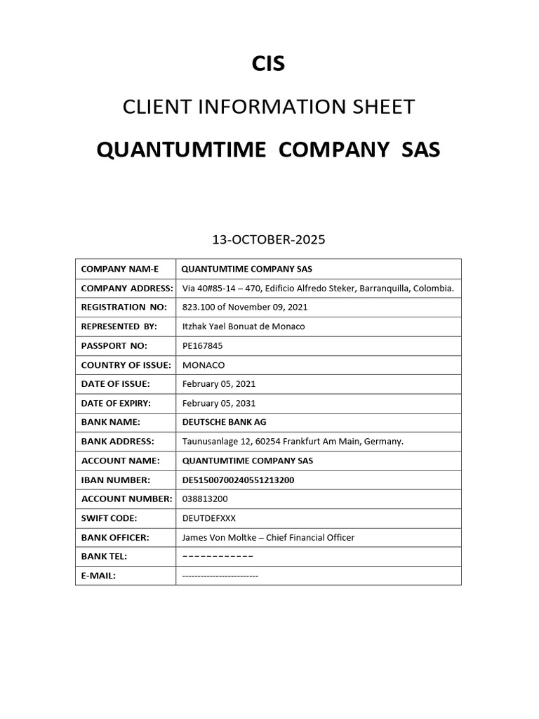 QuantumTime Company Client Info Sheet | PDF