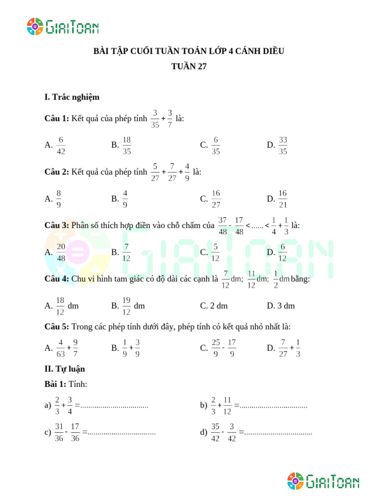 Bai Tap Cuoi Tuan Toan Lop 4 CD Tuan 27 | PDF