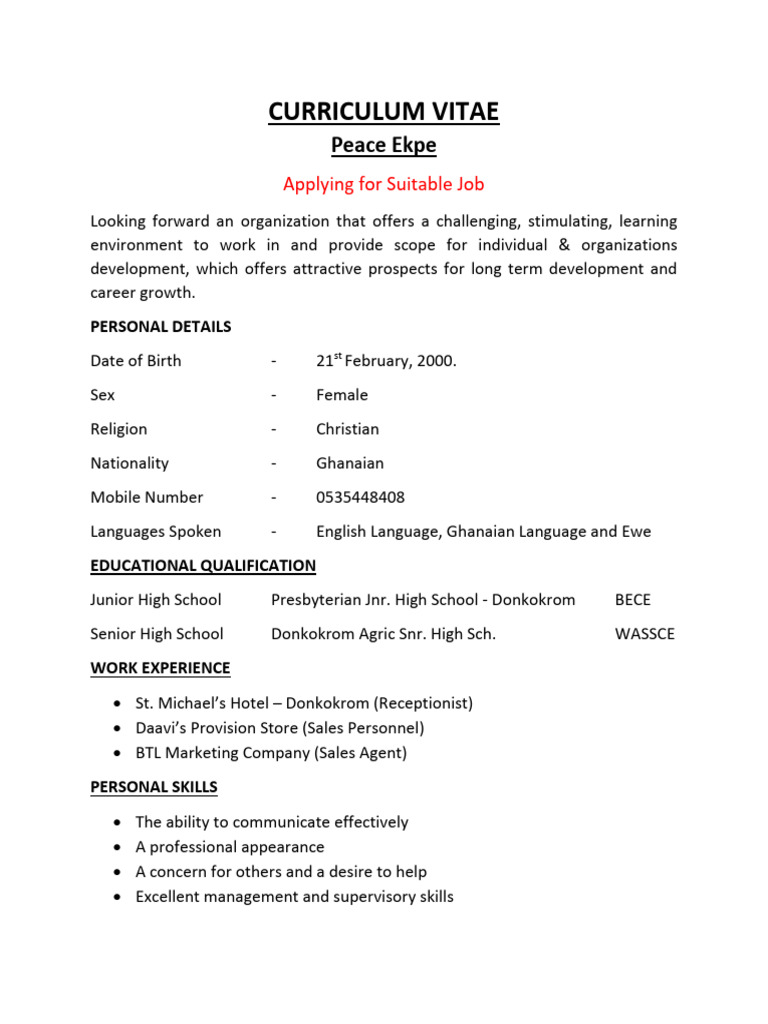 Peace Ekpe's Job Application CV | PDF