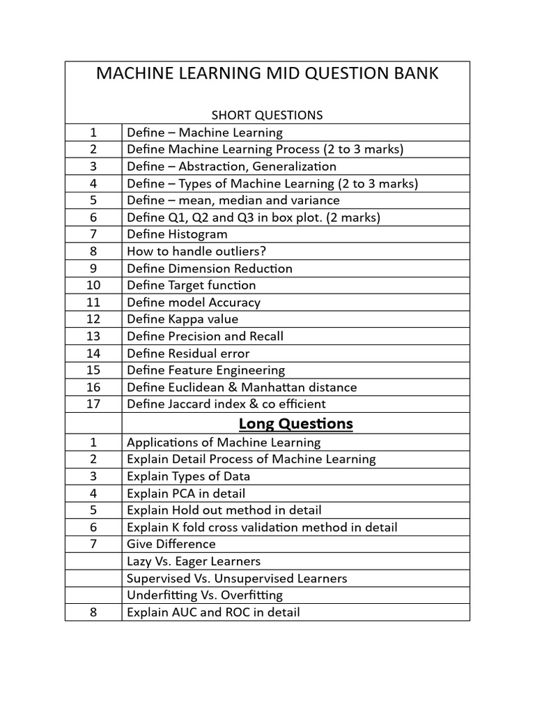 Machine Learning Mid Question Bank | PDF