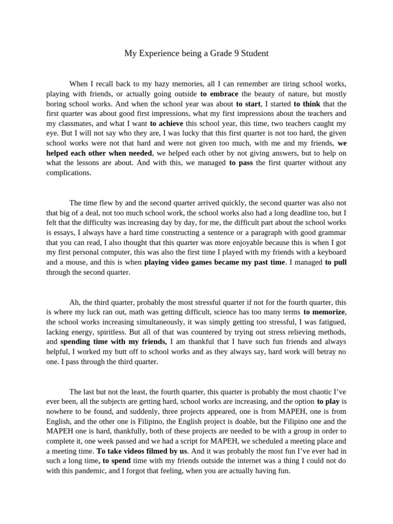 My Experience Being A Grade 9 Student | PDF