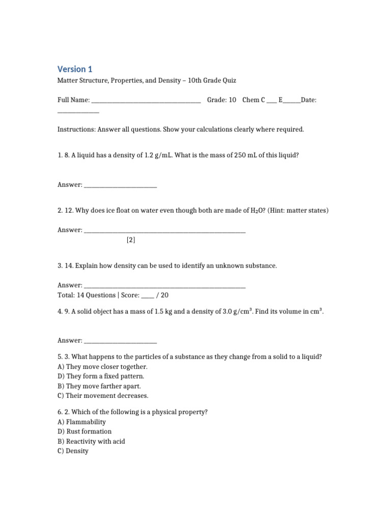 Matter Structure and Density Quiz Grade10 20versions WithAnswers | PDF ...