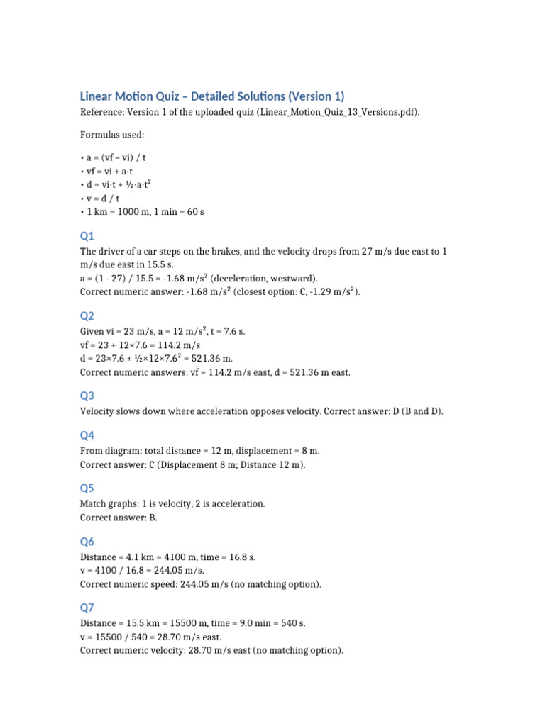 Linear Motion Quiz Version1 Detailed Solutions | PDF