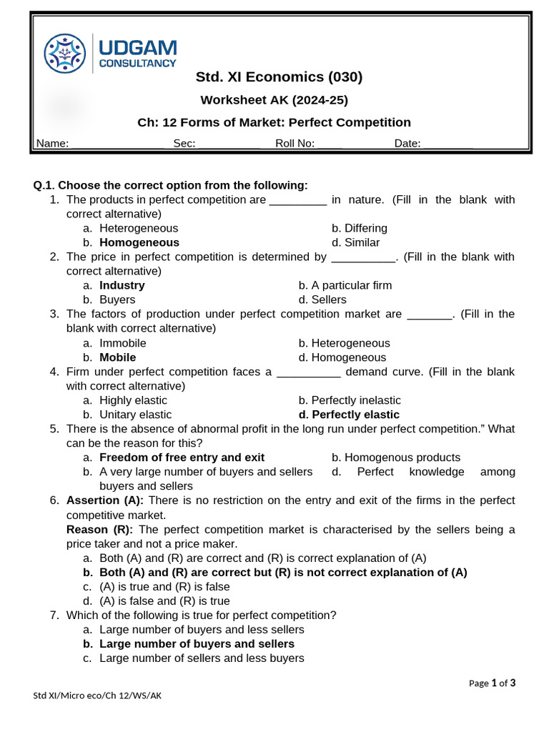 Std_XI_Micro Eco_Forms of Market WS AK (24-25) | PDF | Perfect ...