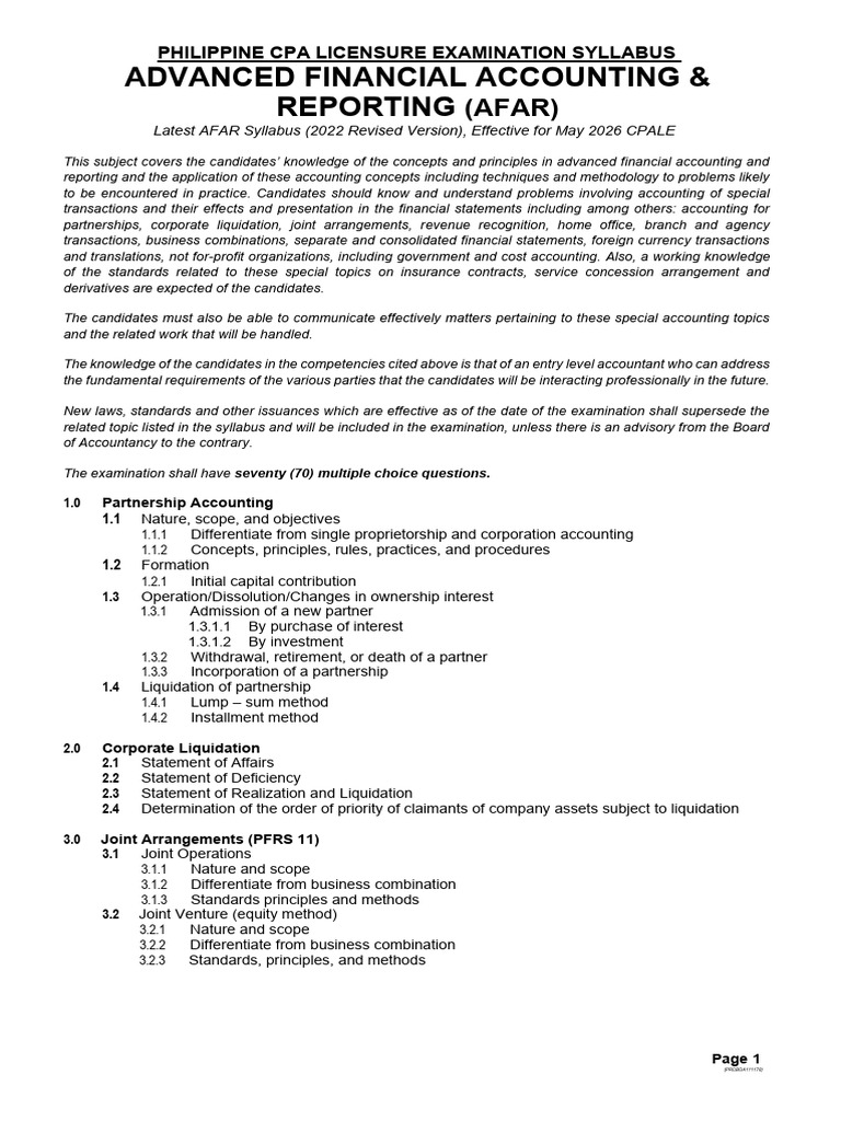 Philippine CPA Exam AFAR Syllabus 2022 | PDF | Consolidation (Business ...