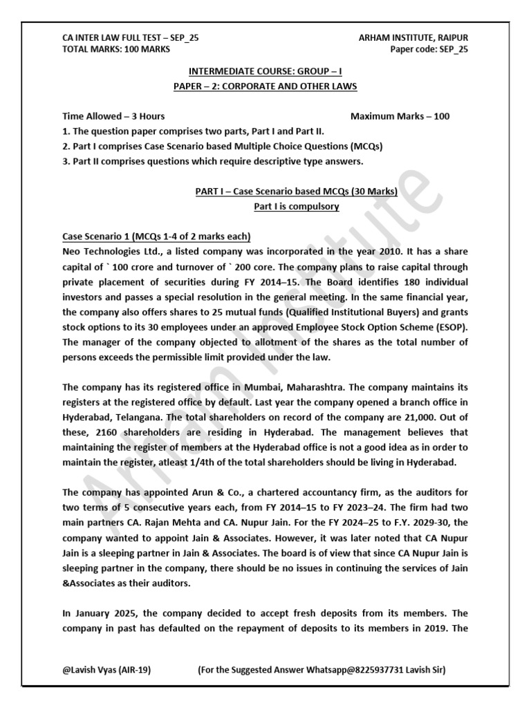 CA Intermediate Law Test - September 2025 | PDF | Limited Liability ...