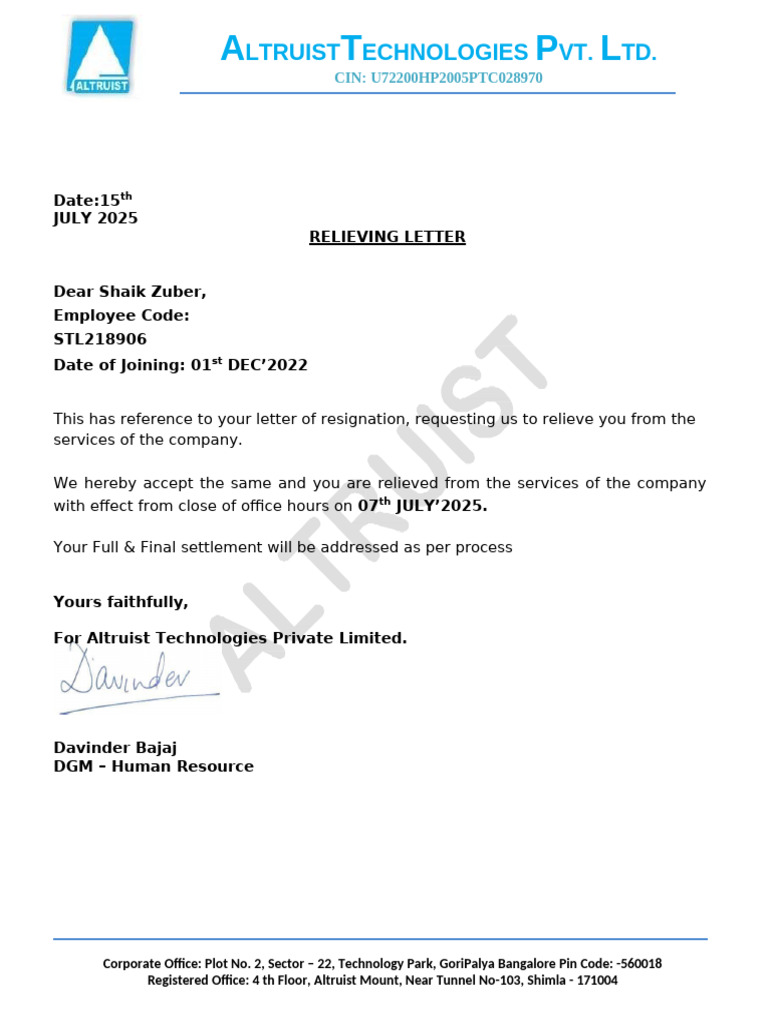Altruist Technologies Relieving Letter | PDF