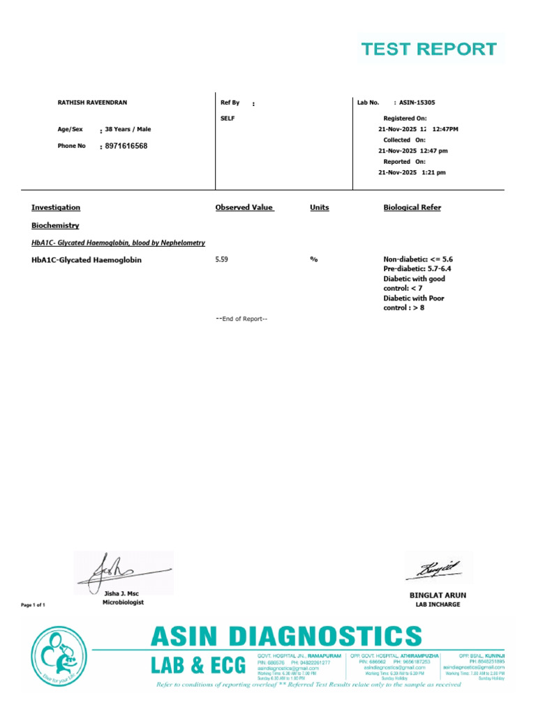 HbA1C Test Report for Rathish Raveendran | PDF