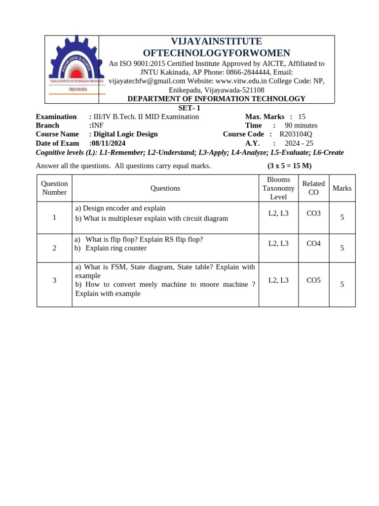 B.Tech Digital Logic Design Exam Questions | PDF | Electronics ...