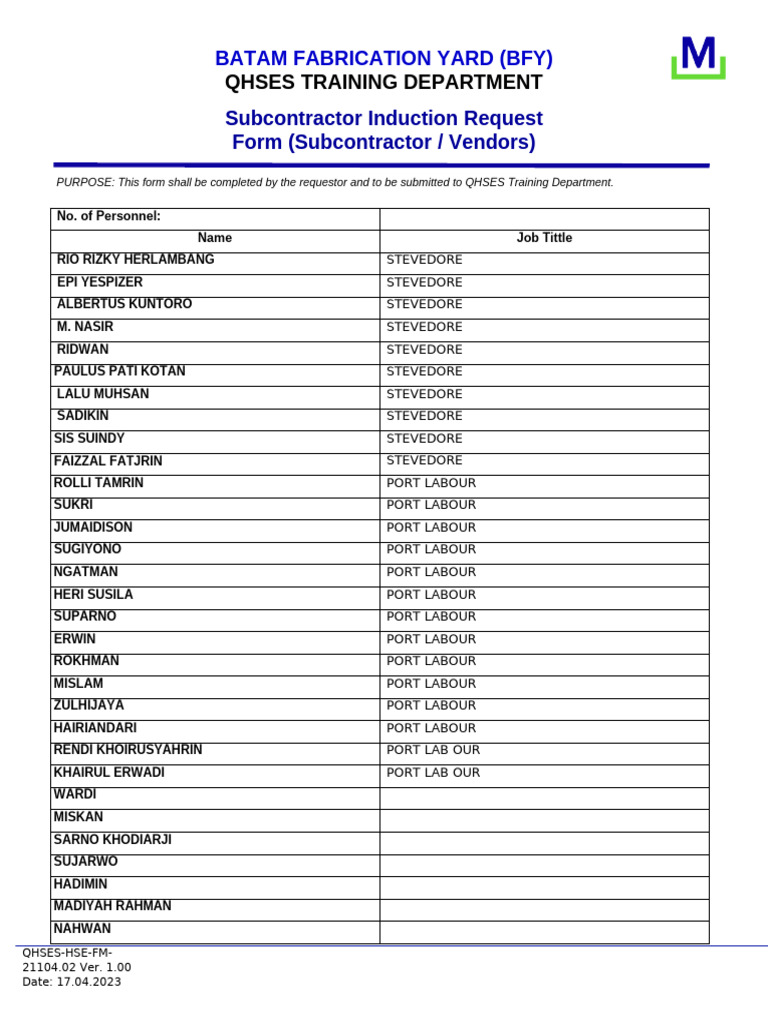 BFY_Subcontractor_&_Vendor_Induction_Request_Form | PDF