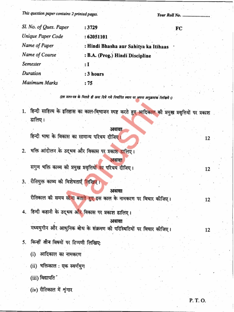 Hindi Language and Literature Exam Paper | PDF