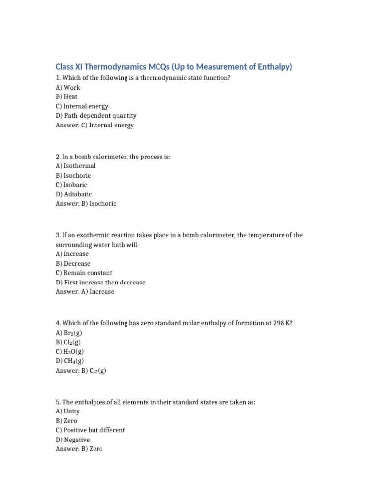 Class XI Thermodynamics MCQs Guide | PDF