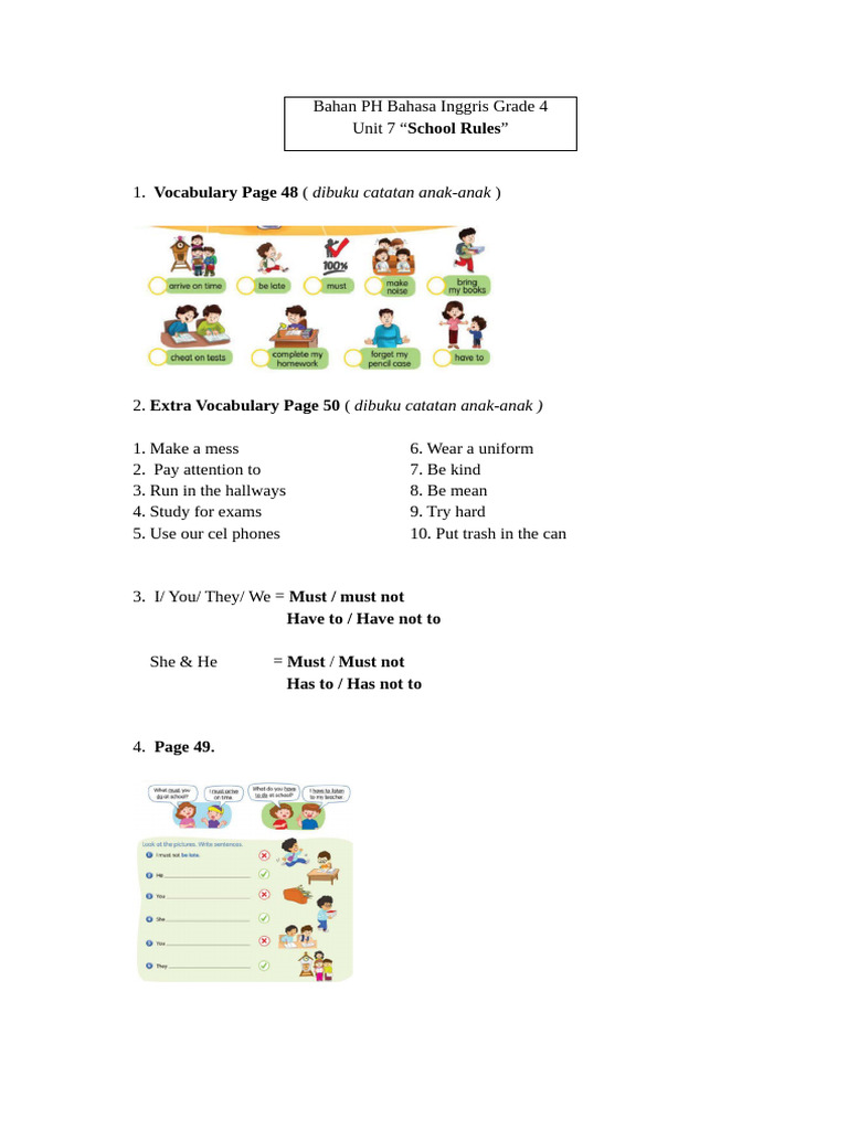 Grade 4 English: School Rules Vocabulary | PDF