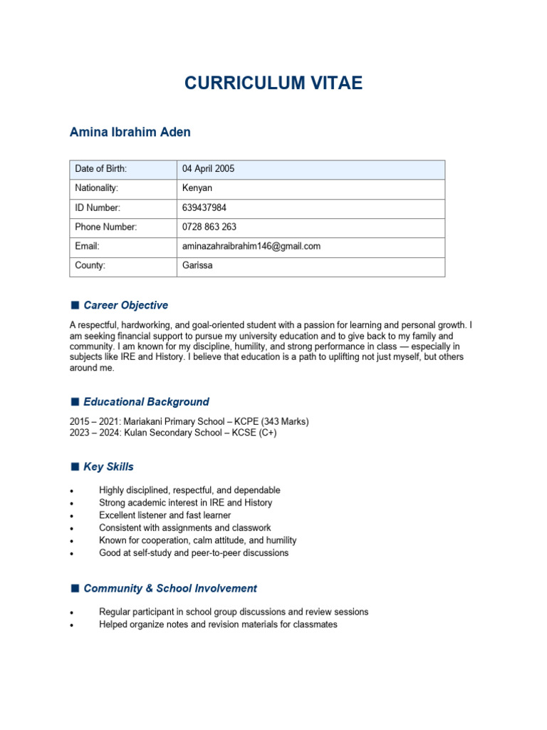 Amina Ibrahim Aden Styled CV (1) | PDF