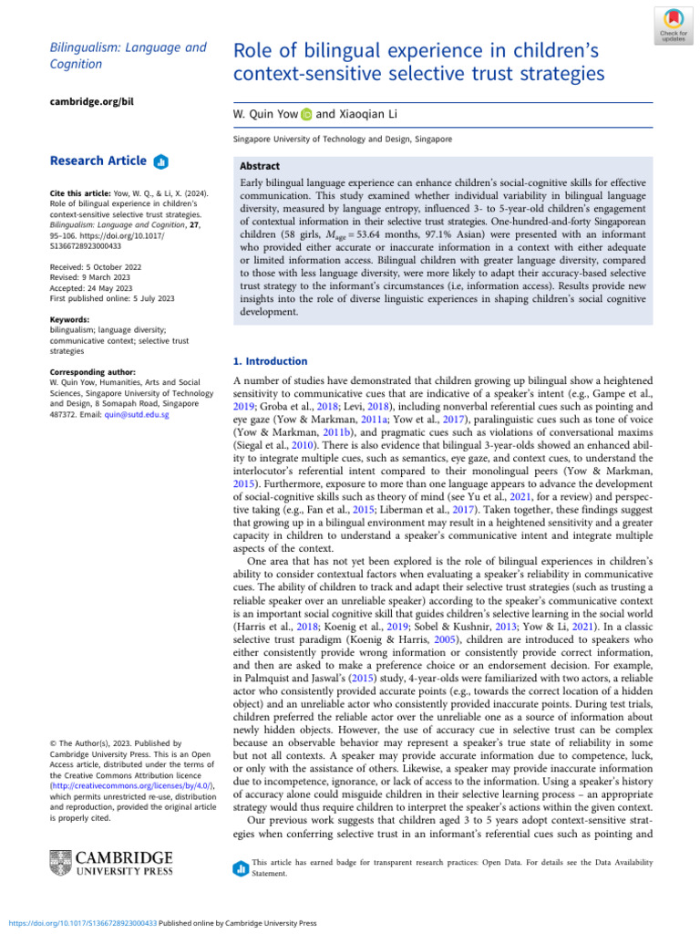 Role of Bilingual Experience in Childrens Context Sensitive Selective ...