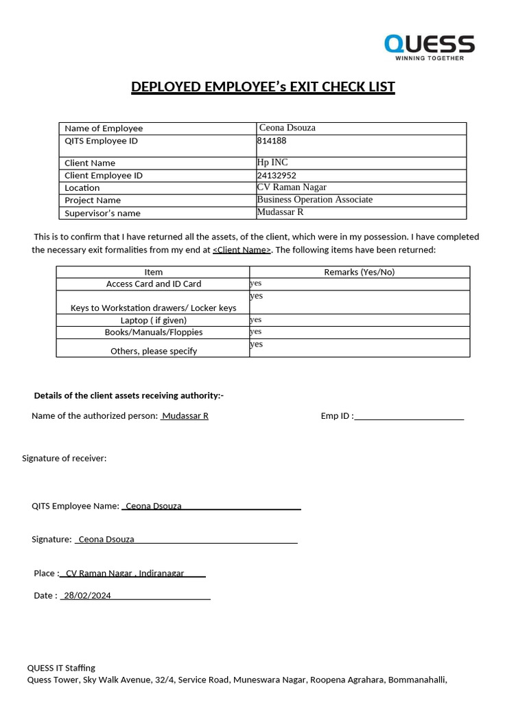Exit Checklist - Ceona | PDF