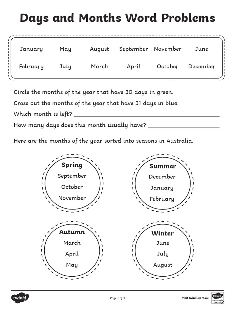 Days and Months Word Problems Activity Sheet Australia Ver 1 | PDF