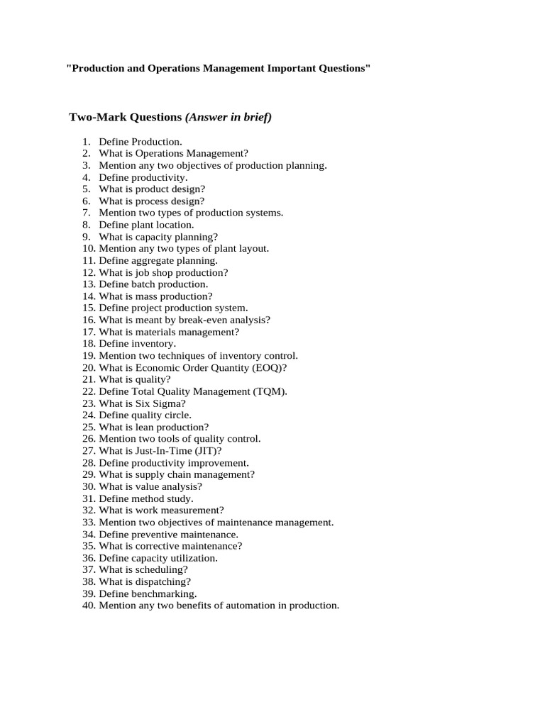 Questions for Production and Operations MGMT | PDF | Operations ...