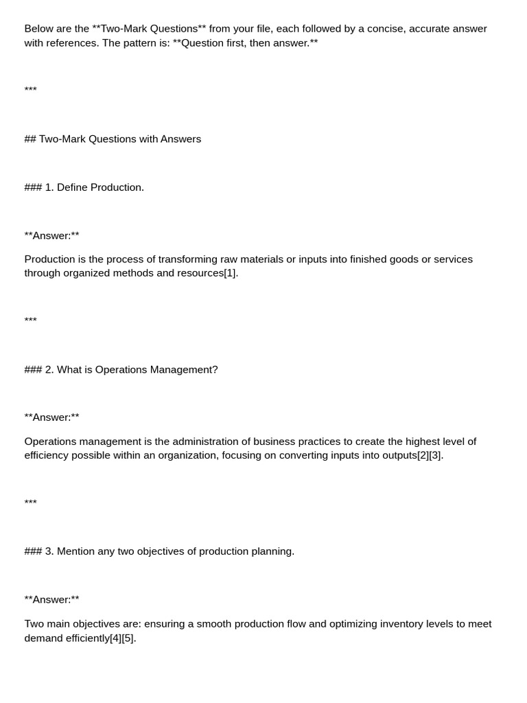 Two-Mark Questions and Answers on Production Management | PDF | Lean ...