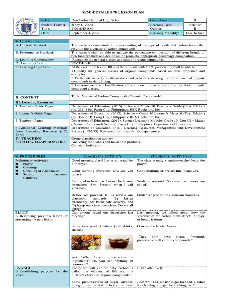 CHEMISTRY LESSON PLAN | PDF | Chemical Reactions | Chemistry