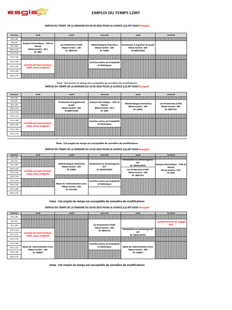 Emploi Du Temps 10 Févier 2025 L2IRT | PDF | Informatique | Mathématiques