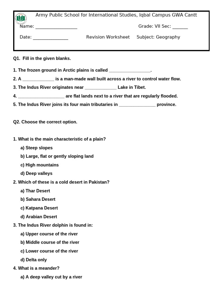 Geography Grade 7 Unit 1 Revision Worksheet | PDF