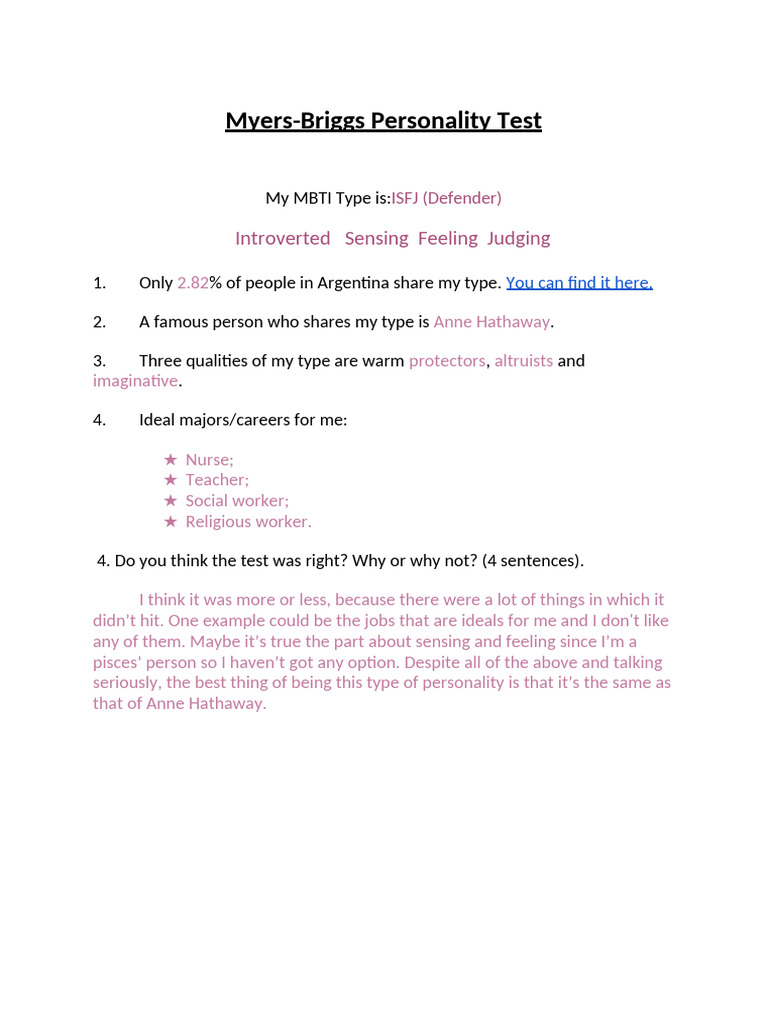 MBTI Worksheet - Lola | PDF