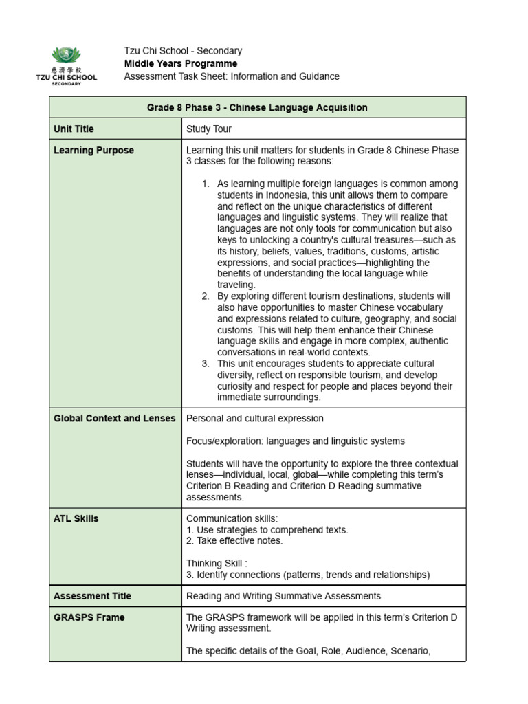 2526 Term 2 Chinese 8 Phase 3 MYP Assessment Task Sheet-林冠吟老师 | PDF ...