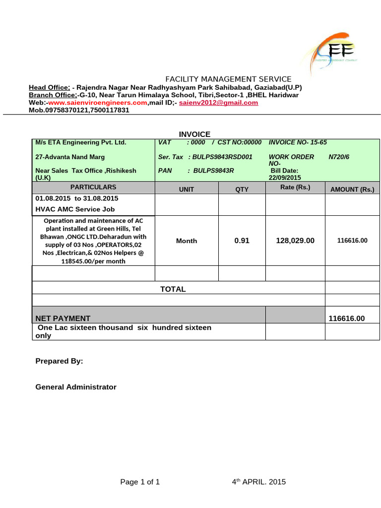 HVAC AMC Invoice for ETA Engineering | PDF
