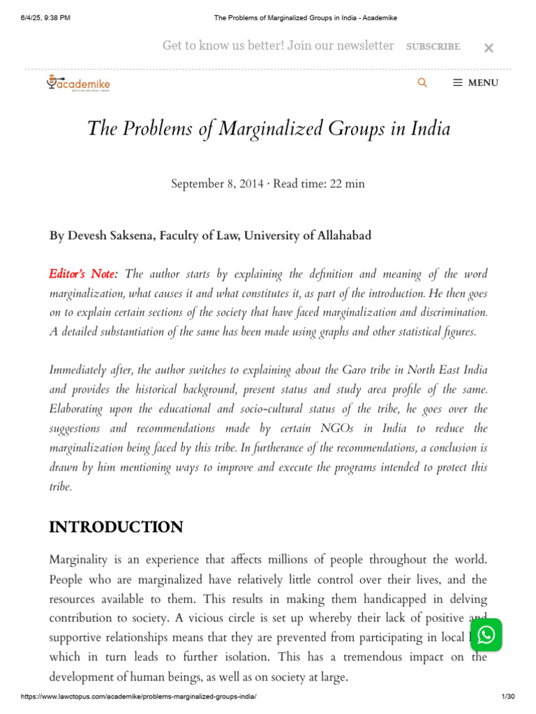 The Problems of Marginalized Groups in India - Academike | PDF | Social ...