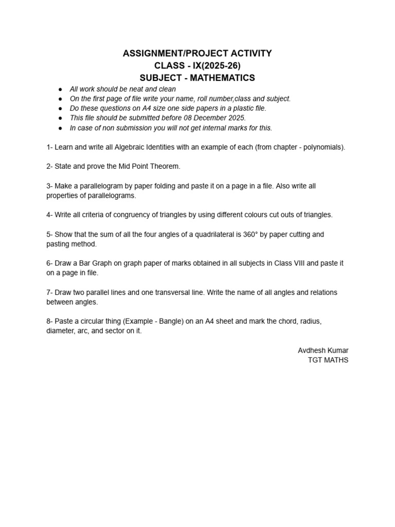 Class IX Mathematics Project Guidelines | PDF
