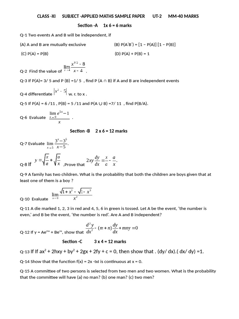 Applied Maths Sample Paper Class XI | PDF | Mathematics