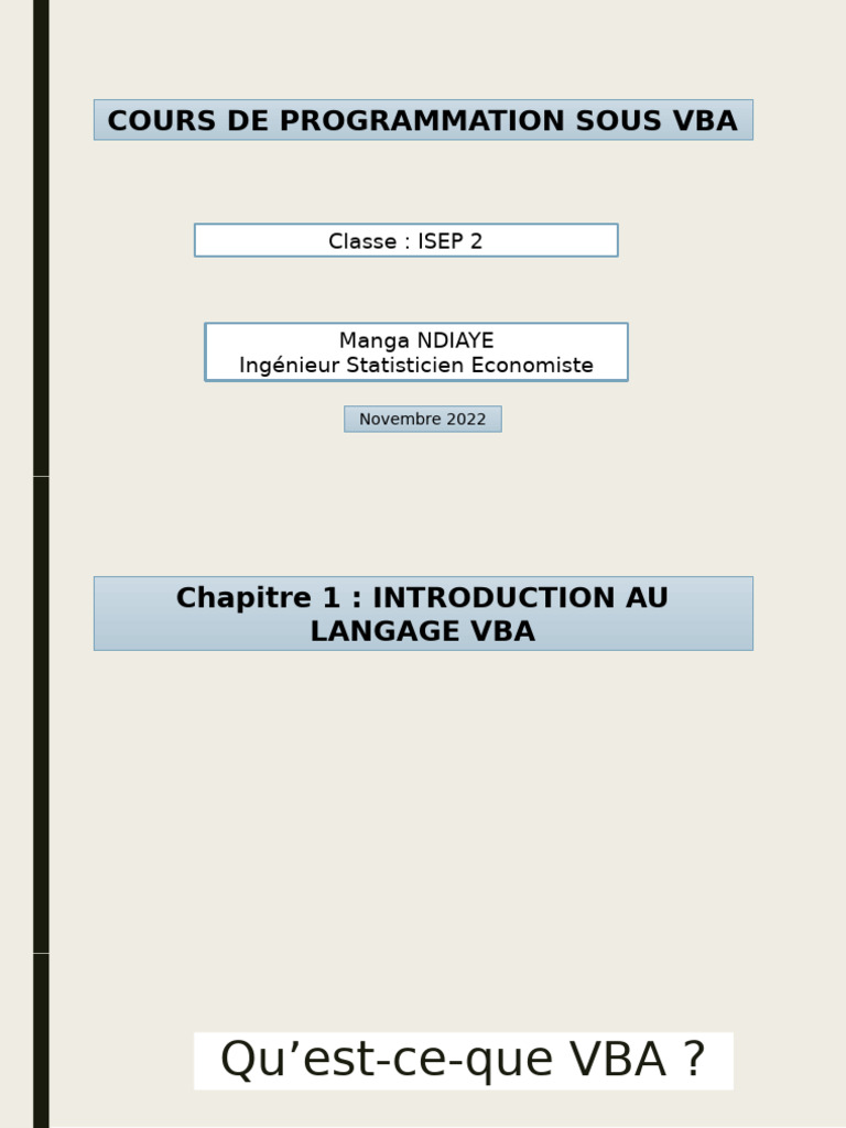Introduction au langage VBA pour Excel | PDF | Visual Basic for ...
