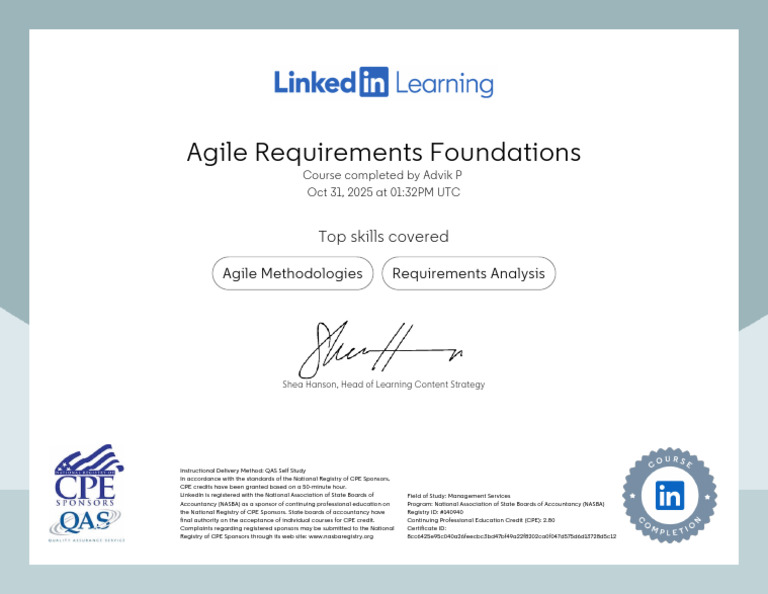 CertificateOfCompletion_Agile Requirements Foundations(NASBA) | PDF