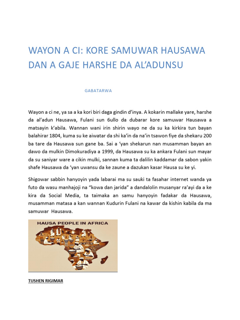Wayon A Ci Kore Samuwar Hausawa Dan A Gaje Harshe Da Al'Adunsu | PDF