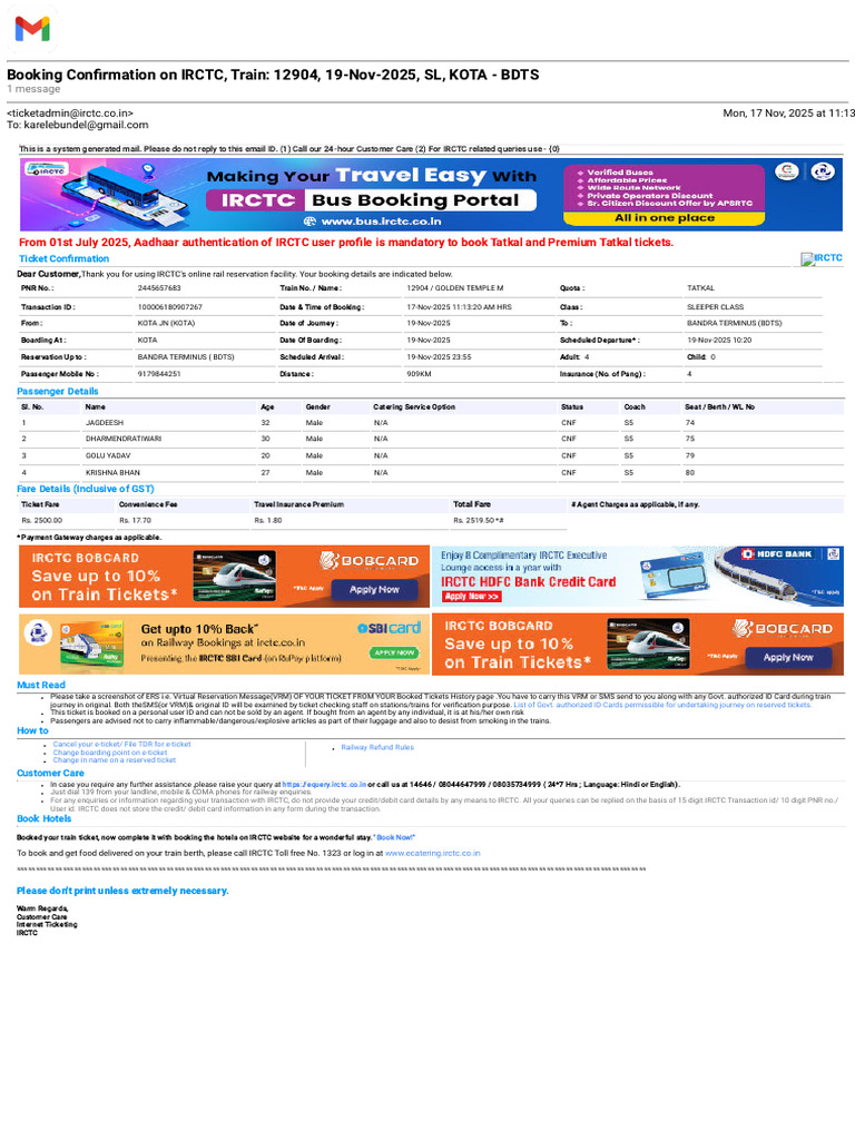 Gmail - Booking Confirmation on IRCTC, Train_ 12904, 19-Nov-2025, SL ...
