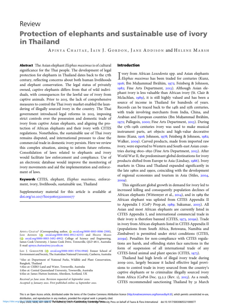 Protection of Elephants and Sustainable Use of Ivory in Thailand | PDF ...