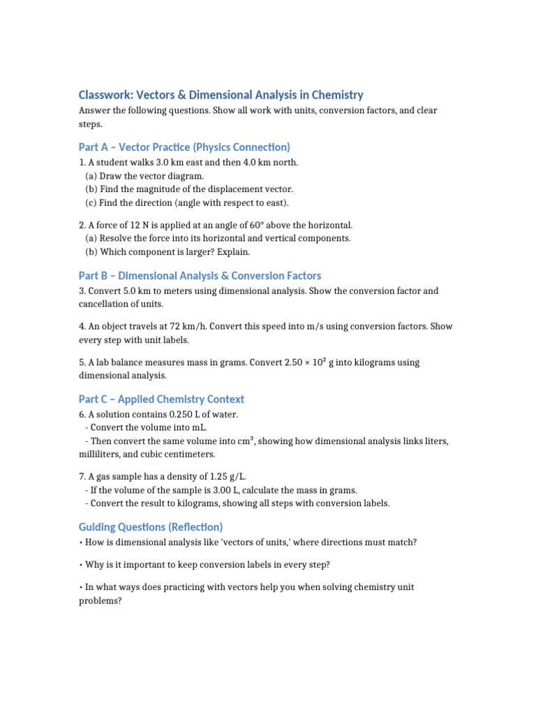 Vectors Dimensional Analysis Classwork | PDF