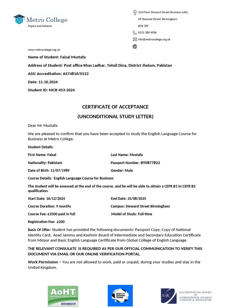 Unconditional Offer Letter Faisal Mustafa | PDF | Government And Personhood