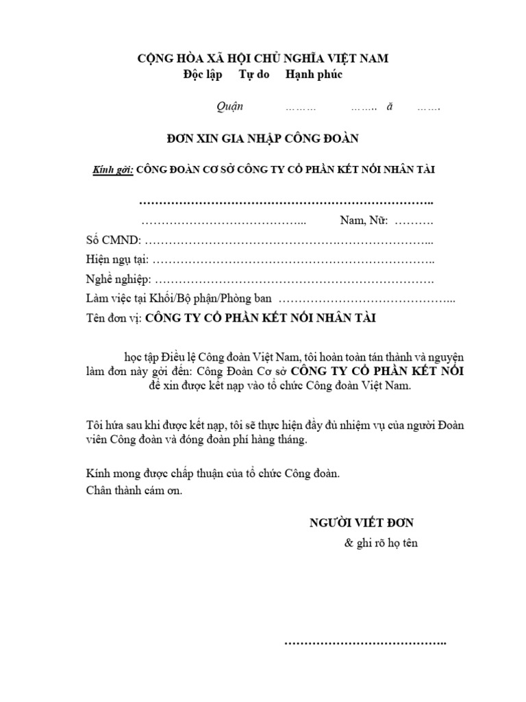 Don Xin Gia Nhap Cong Doan - Talentnet | PDF