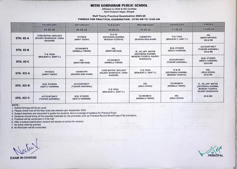 Half Yearly Practical Exam Time Table 2025-26 | PDF