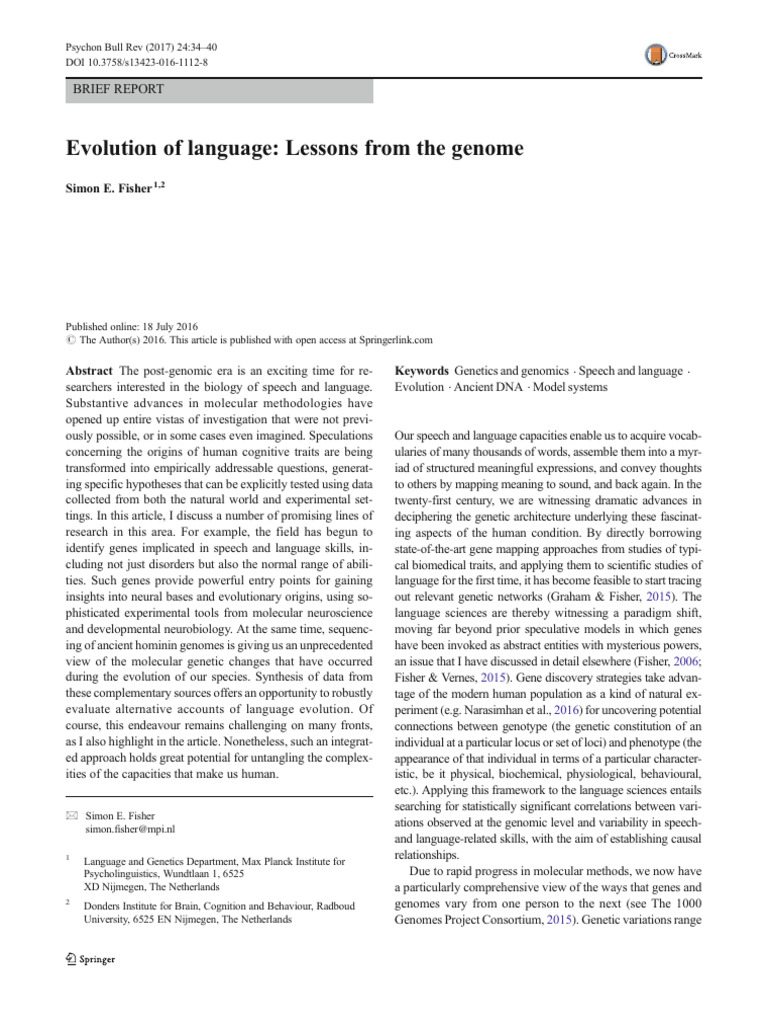 Evolution of language Lessons from the genome (1) | PDF | Gene | Evolution